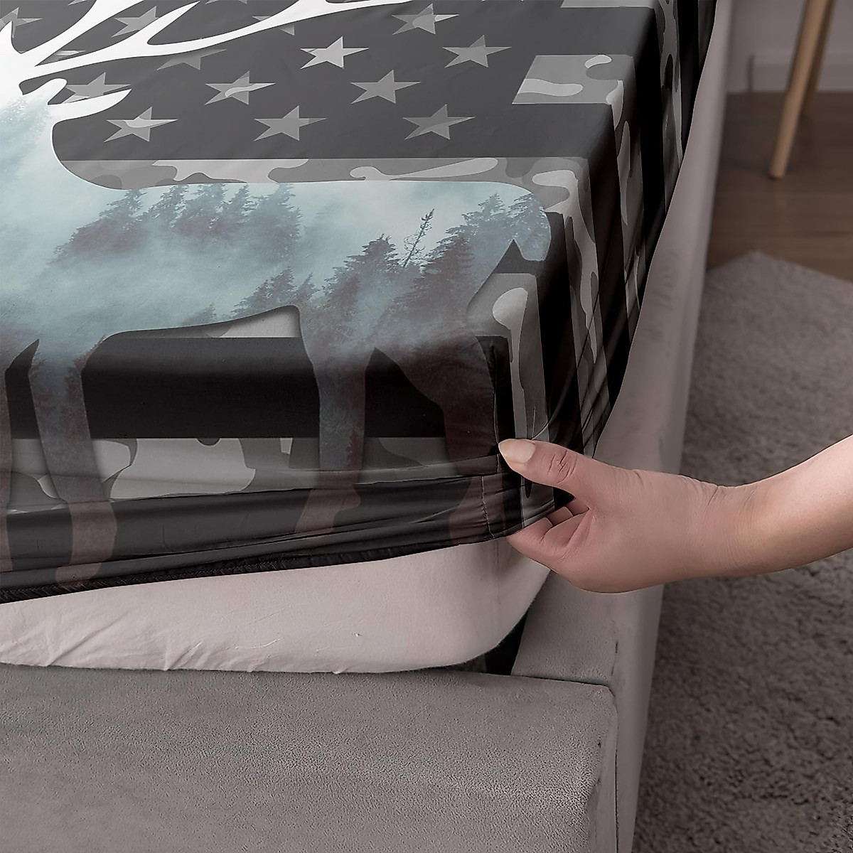 Axolotl American Flag Sheet Set Queen,Deer Hunting Camo Bedding,Hunter Bedding Set American Flag Fitted Sheet,Deer Fitted Sheet Set for Boys Teens Kids Man,1 Flat Sheet 1 Fitted Sheet 2 Pillow Cases