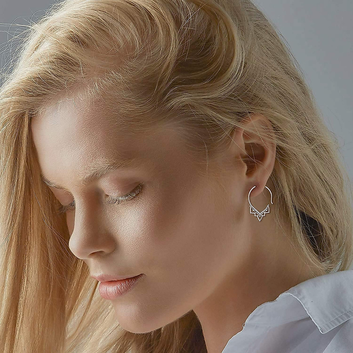 Milacolato 2Pairs S925 Sterling Silver Hoop Earrings 14K White Gold Plated Balinese Tribal Pull Through Hoop Earrings Dangle Boho Earrings Set for Women Trendy Fashion Jewelry