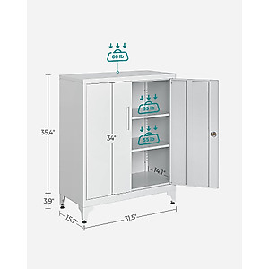 SONGMICS Garage Cabinet, Metal Storage Cabinet with Doors and Shelves, Office Cabinet for Home Office, Garage and Utility Room, Grey UOMC013G01