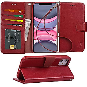 Arae Case for iPhone 11 PU Leather Wallet Case Cover [Stand Feature] with Wrist Strap and [4-Slots] ID&Credit Cards Pocket (Wine Red)