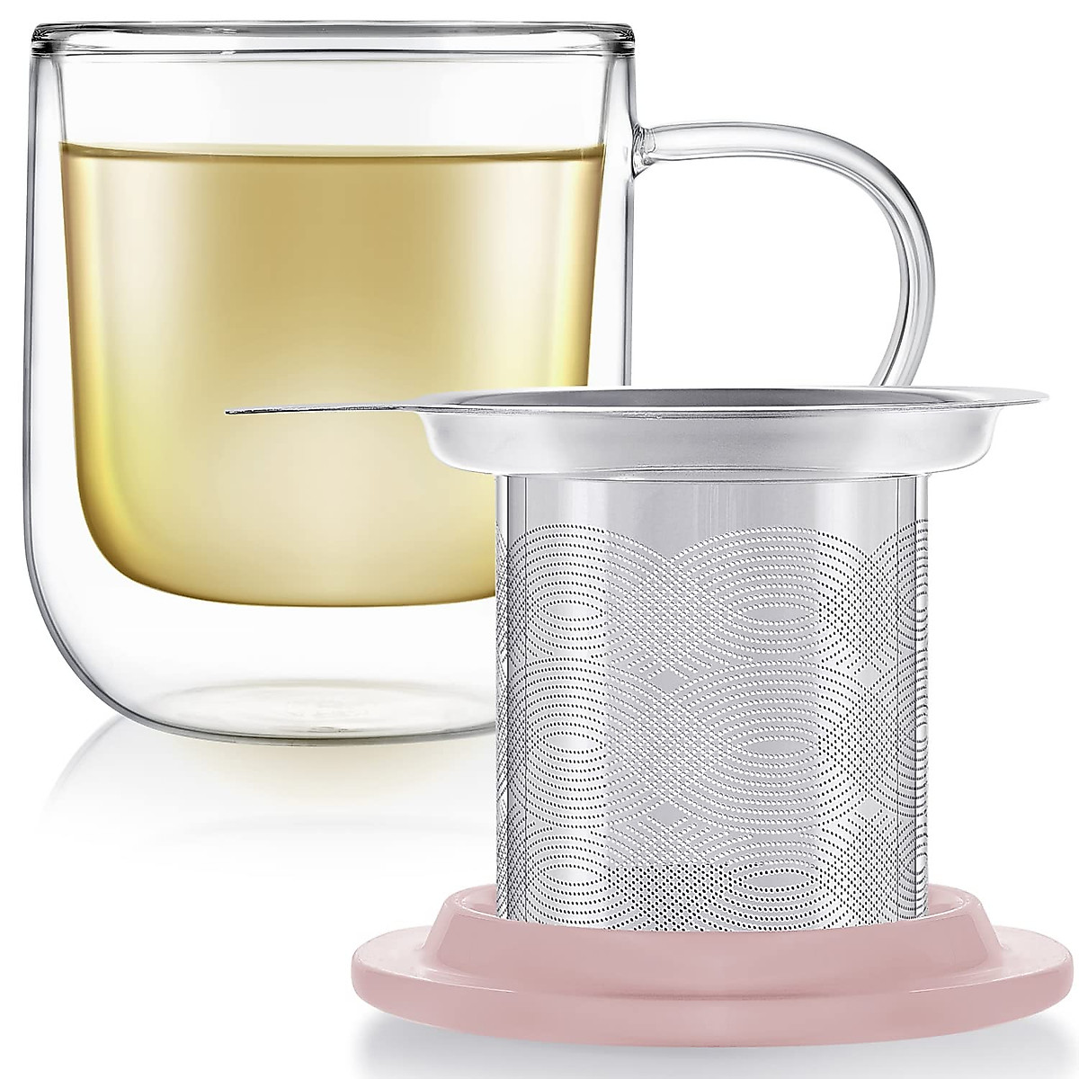 Teabloom Tea-For-One Steeping Mug – Insulated Double Wall Glass Mug (12 oz), Stainless Steel Infuser, Porcelain Lid/Coaster – Great For Brewing Loose Leaf Tea