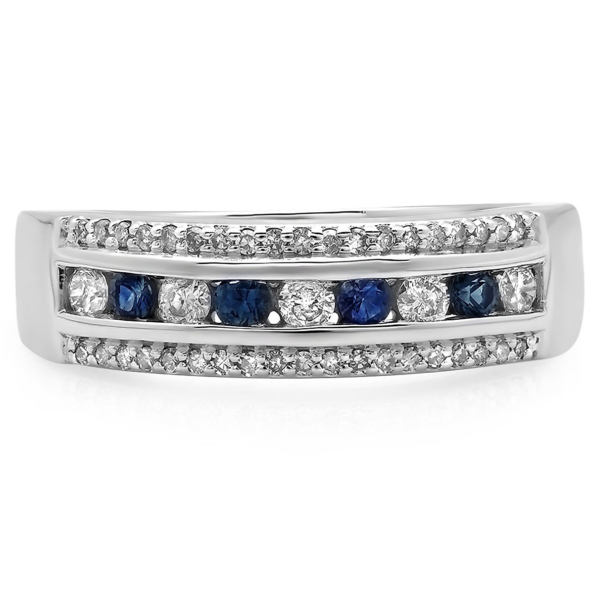 Dazzlingrock Collection 14K Round Blue Sapphire & White Diamond Women Anniversary Band, White Gold, Size 6