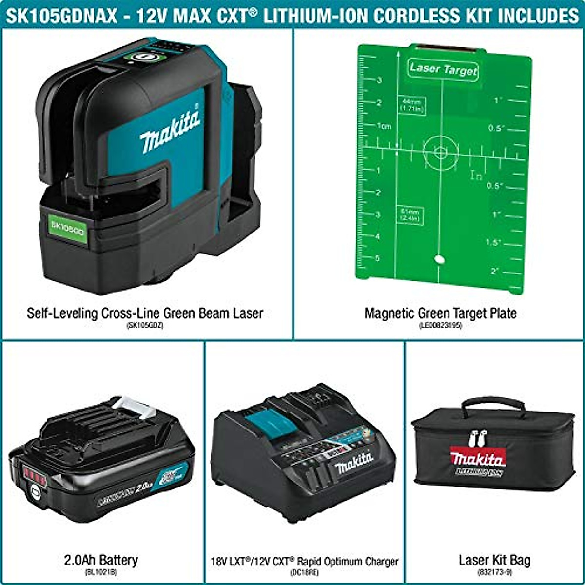 Makita SK105GDNAX 12V max CXT® Lithium-Ion Cordless Self-Leveling Cross-Line Green Beam Laser Kit (2.0Ah)