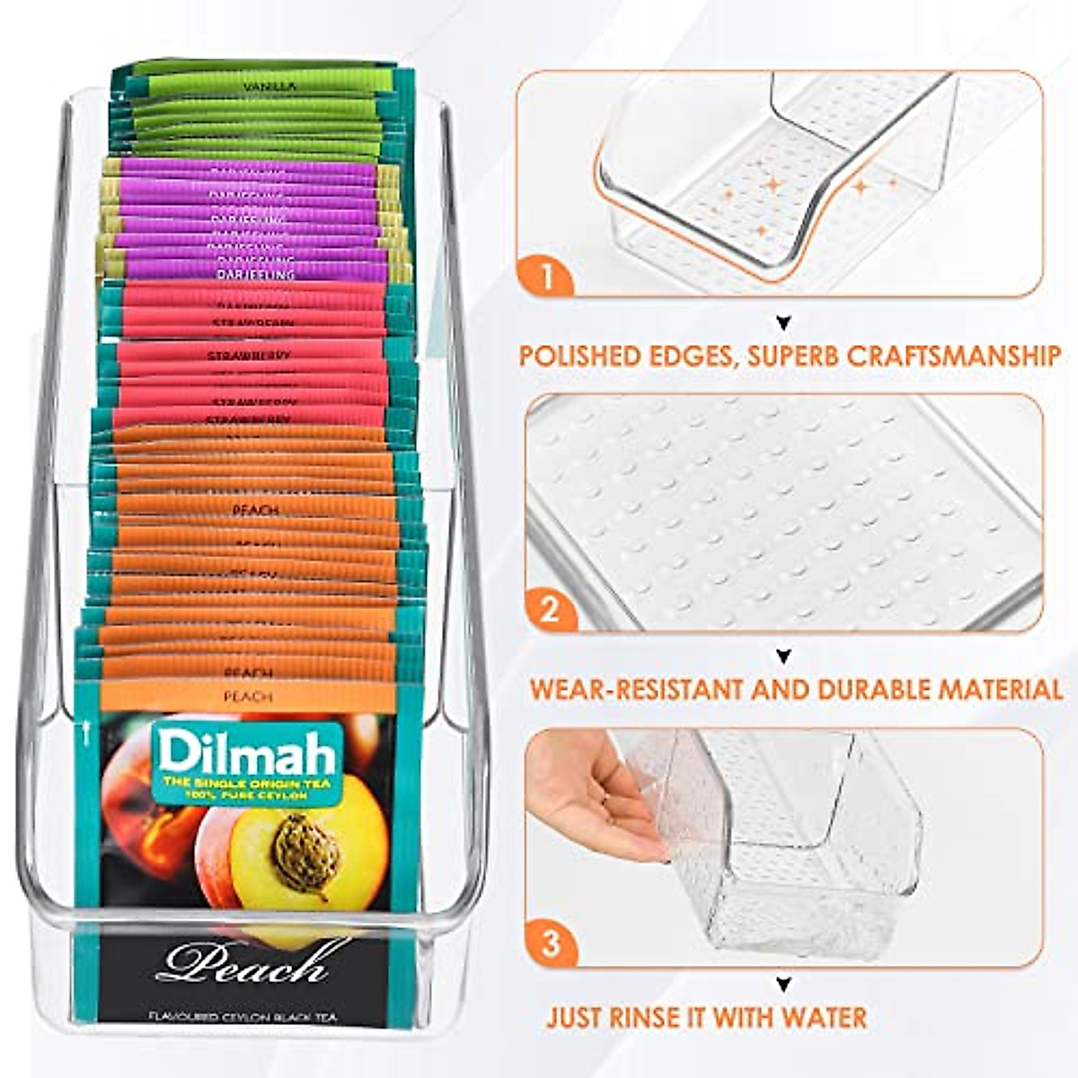 MaxGear Tea Bag Organizer Tea Bag Storage Tea Bag Holder Tea Box Clear Storage Bins for Sugar Packet, Coffee, Condiment, Spice Pouches in Kitchen, Cabinet, Countertop, Pantry, 10.4 x 3.5 x 3 inch