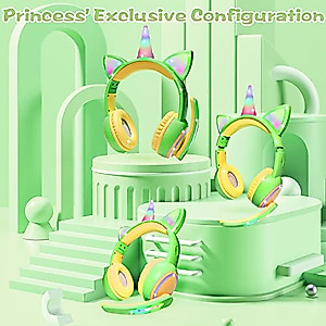 LED Lighting Unicorn Cat Ear Wired Headphones, Headphones for Kids with Microphone, Kids Headphones Safe Volume Limit 85DB, Headphones for Girls Boys for Online Learning/School/Travel/TabletGreen