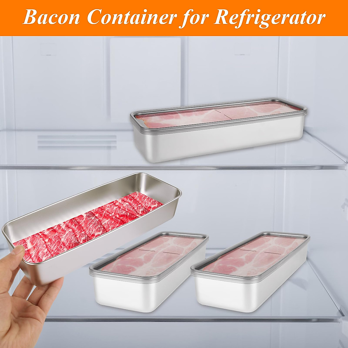 MUXHEL 2 Pcs Bacon Container for Refrigerator Air Tight, 304 Stainless Steel Deli Meat Container for Fridge, Food Storage Container with Airtight Lid for Meat, Cheese, Fruit, Vegetables (1L)