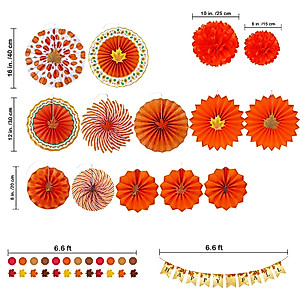 Winlyn 21 Pack Bulk Fall Party Decorations Set Auntumn Orange Hanging Paper Fans Happy Fall Banner Pom Poms Fall Maple Leaves Garlands for Thanksgiving Wedding Birthday Festival Party Backdrop Décor