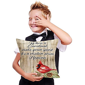ShareJ Throw Pillow Covers When Cardinal Visits Your Yard, It's A Visitor from Heaven Inspirational Quote Home Decor Square Pillow Cases for Bedroom Livingroom Cotton Linen Cushion Cover 18x18 Inch