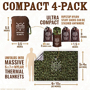 Don't Die In The Woods - Freakin’ Huge Emergency Blankets [4-Pack] Extra-Large Thermal Mylar Space Blankets with Ripstop Nylon Stuff Sacks + Carabiner Zipper Pack [Woodland Camo]