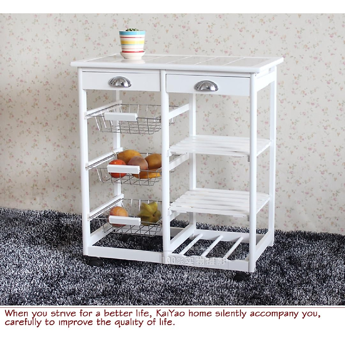 Kitchen Island Cart on Wheels,3 Tiers Rolling Utility Trolley Cart with 2 Drawers,Basket & Storage Shelf,Rolling Kitchen Island,Coffee Bar Microwave Stand Cart with Rolling Wheels for Kitchen(White)