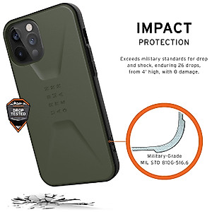 URBAN ARMOR GEAR UAG Designed for iPhone 12 Pro Max Case [6.7-inch screen] Sleek Ultra-Thin Shock-Absorbent Civilian Protective Cover, Olive