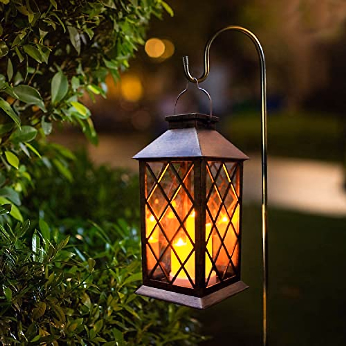 Solar Outdoor Lantern, Garden Hanging Waterproof Lanterns PVC Upgrade 3 LED Flickering Flameless Candle Decorative Lights for Garden (Grid Candle)