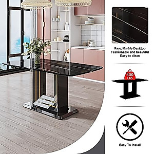 WOXYX Minimalist and Luxurious Dining Table with Black Imitation Marble Pattern Desktop. MDF tablelegs with Gold Lines and Base