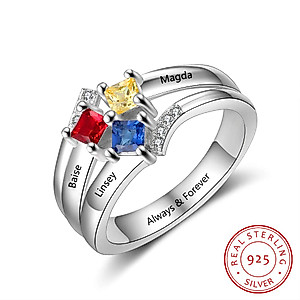 GLAMCARAT Sterling silver Personalized 3 Stone mothers ring Women engraved Name Rings for mom, birthstone ring for her family jewelry Promise Ring