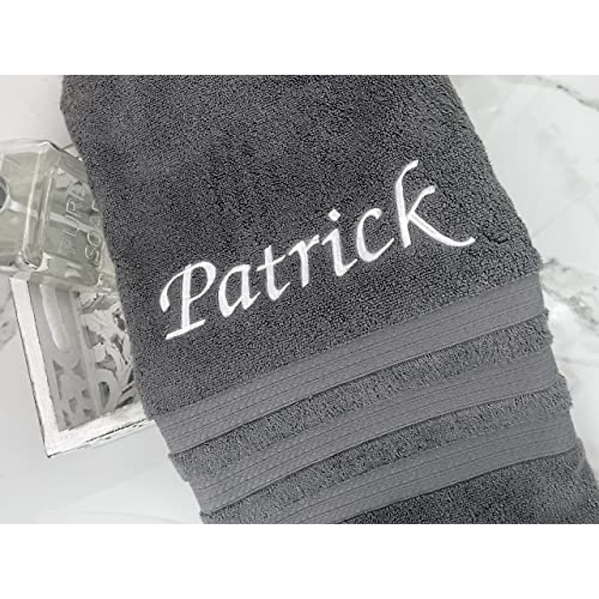 Liberty21 Luxury Embroidered Bath & Hand Towels, 100% Cotton. Custom Monogrammed Personalized Embroidered Towels. Set Includes 1 Bath Towel and 1 Hand Towel. (Grey)