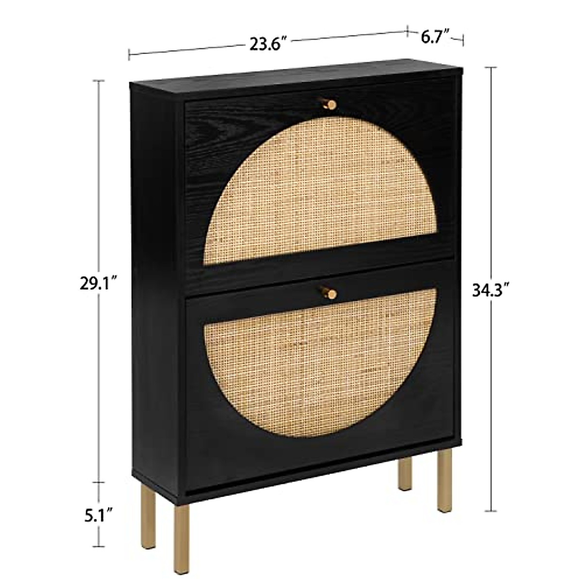 SSLine Shoe Cabinet with 2 Flip Down Storage Shelves Free-Standing Shoe Rack Modern Black Wood Shoe Storage Organizer with Unique Rattan Decor &Golden Handle for Entryway Hallway Doorway
