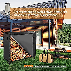 Emalie 4-foot Fire Wood Racks Outdoor with Waterproof Cover and Wood Carrier Tote, Heavy Duty Log Rack Wood Holders Storage Set, Black Steel Tubular Lumber Rack & Cover, Brown Tote