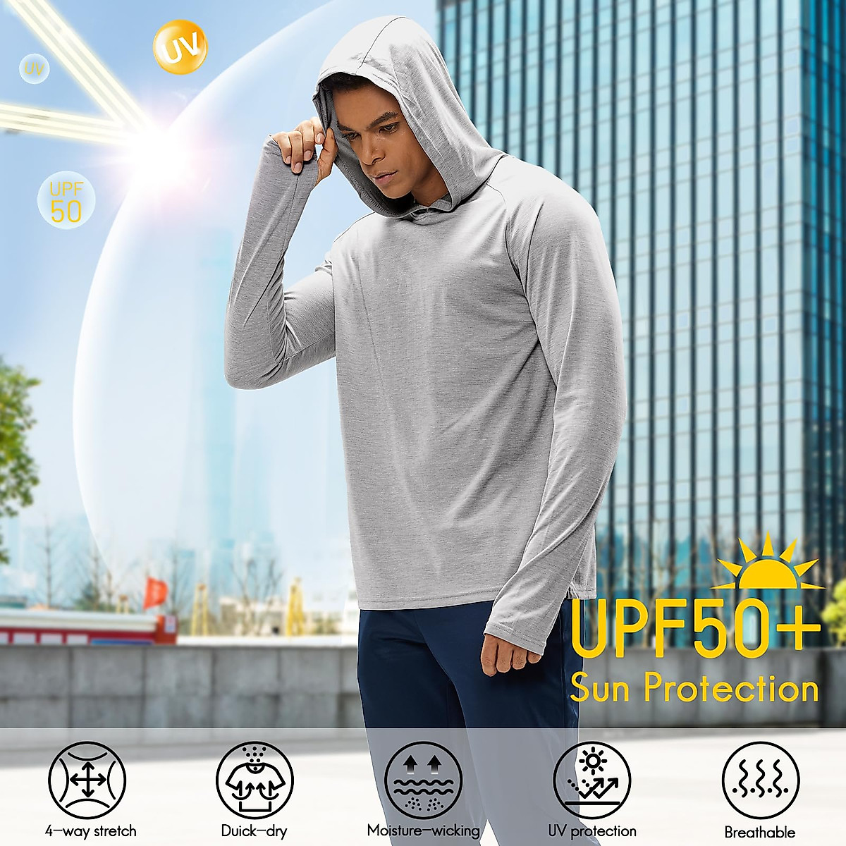 Haimont Men's UPF 50+ Sun Protection Hoodie Shirt Long Sleeve SPF Fishing Outdoor UV Hiking Shirts Lightweight, Light Grey, 3XL