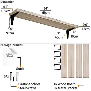 Wallniture Arras Floating Shelves for Living Room Wall Decor, Bookshelf Units Office & Kitchen Organization Wall Shelves Set of 4, Natural Wood Shelf 24"x4.5"