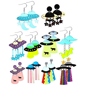 Yinkin 10 Pairs UFO Aliens Earrings for Women Space Weird Acrylic Earrings Flying Saucer Dangle Earrings Novelty Fun Glitter Cute Earrings Jewelry for Women, Multiple Colors