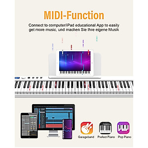 KONIX Folding Piano Keyboard, 88 Keys Full Size Semi-Weighted Foldable Piano, Portable Electronic Keyboard Piano with Light Up Keys, Sustain Pedal, Keyboard Stickers, Music Stand and Piano Bag, White