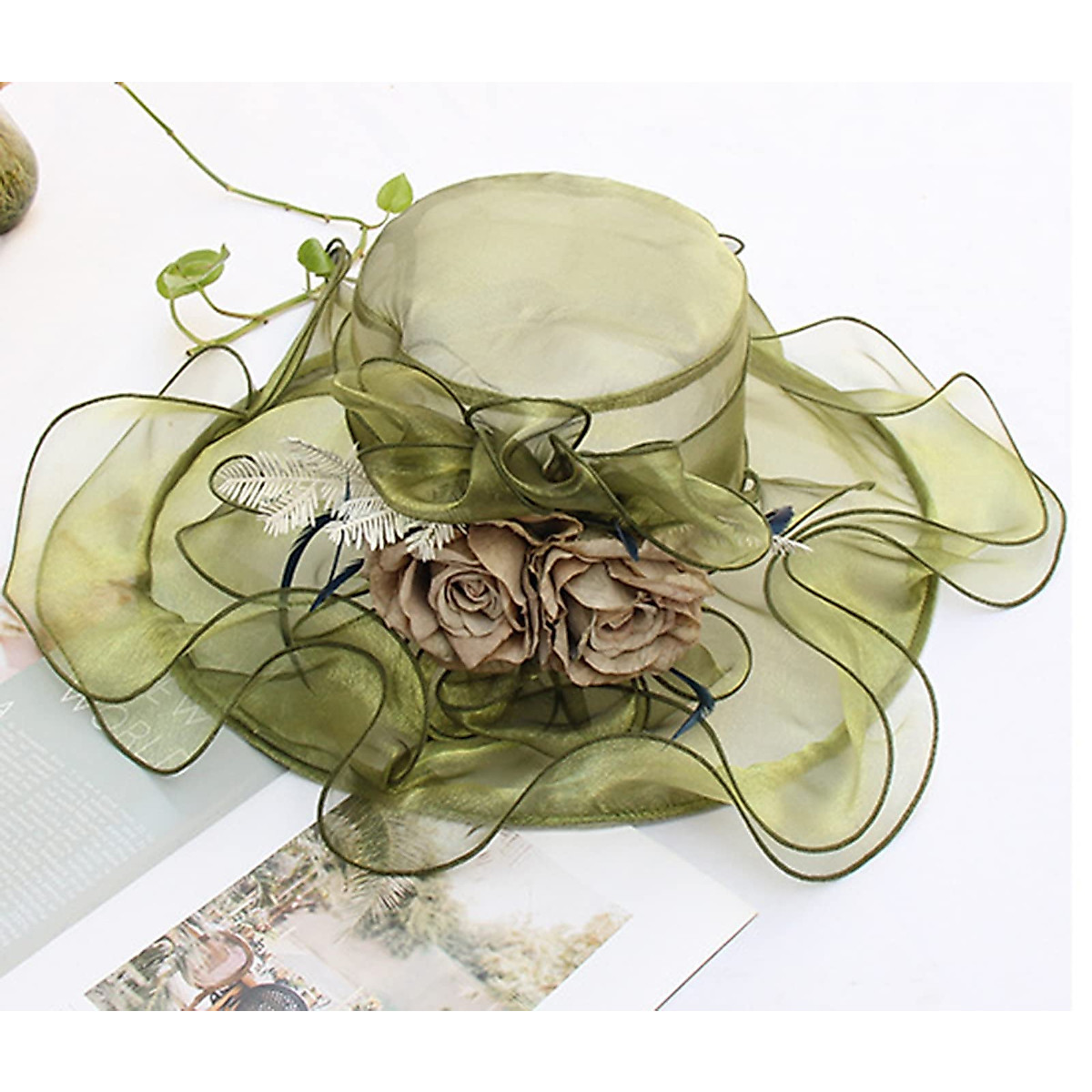 ORIDOOR Women Organza Fascinator Church Derby Hat Floral Tea Party Wedding Hat (013F Green) One Size …