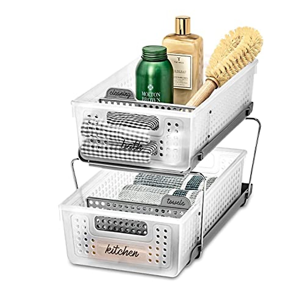 madesmart 2-Tier Organizer, Multi-Purpose Slide-Out Storage Baskets with Handles and Dividers, Frost