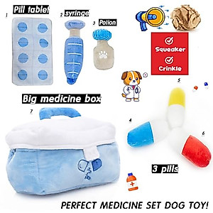 wowmolly Medicine Box Design Plush Chew Dog Toys Including Syringe 3 Pills Tablet Pill Potion Bottle Squeaky Interactive Custom Stuff Pet Toy for Small, Medium Dogs