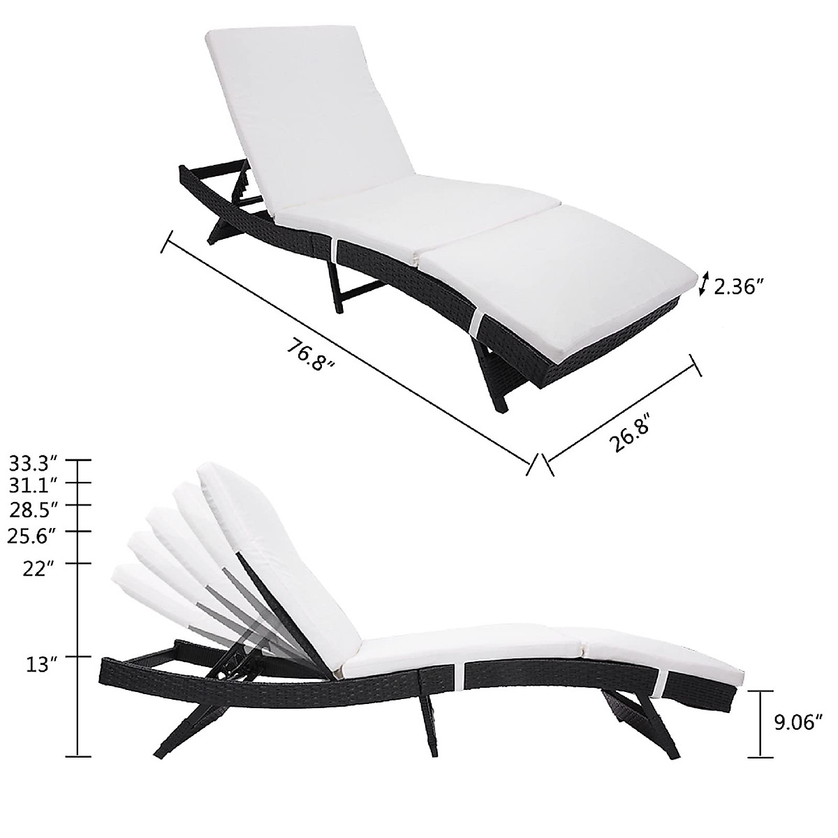 fuhan Outdoor Adjustable Pool Chaise Lounge Chair PE Rattan Wicker Patio Leisure Lounge Chair with Cushion for Beach Garden Backyard 195 * 68 * 33 cm Black Frame