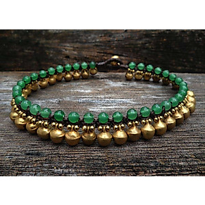 Infinityee888 Trendy Fashion Anklet Green Jade and Brass Bell Ankle Bracelet 10 Inches Woven with Wax Cord Beautiful Handmade Hippie Bohemian Style