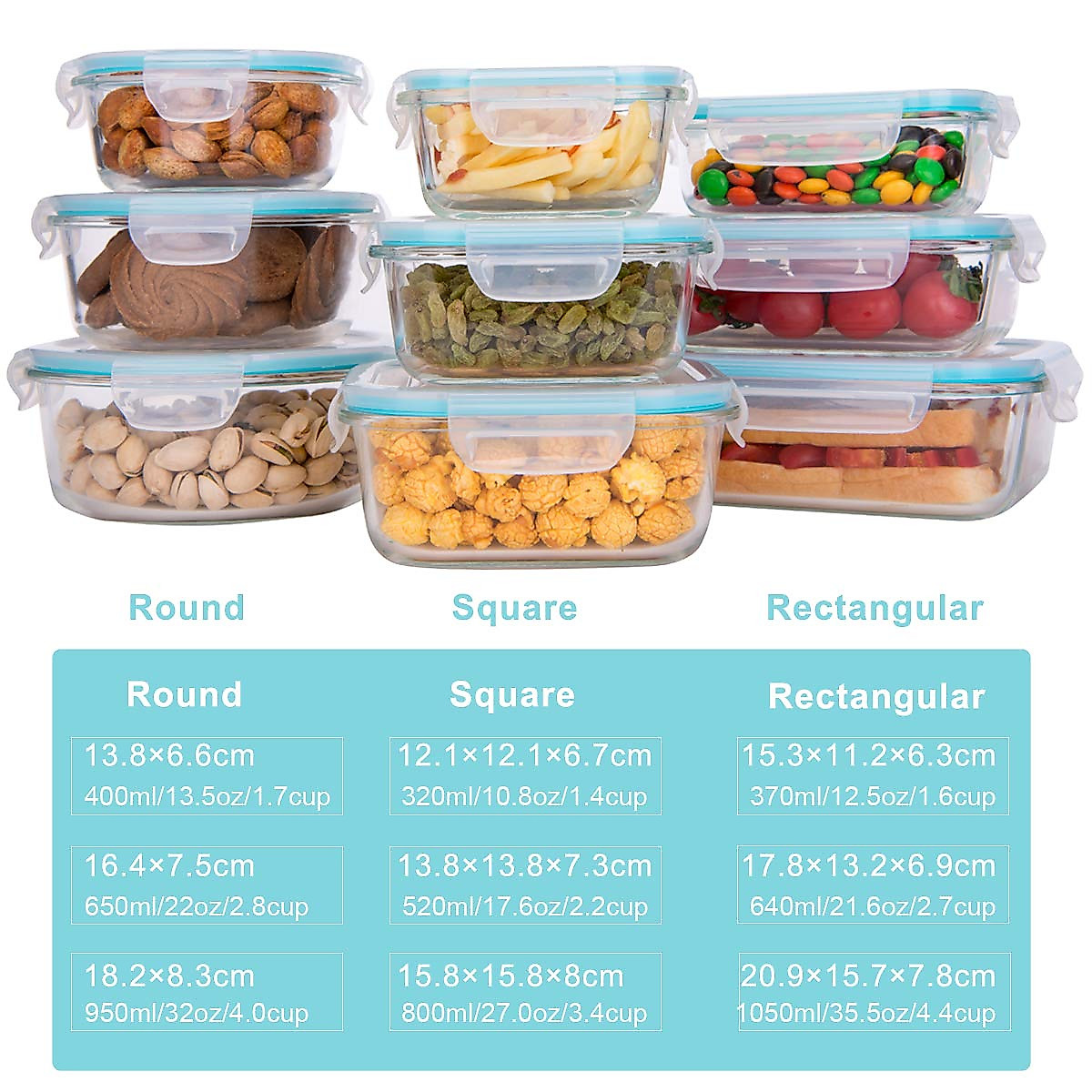 AILTEC Glass Food Storage Containers with Lids, [18 Piece] Glass Meal Prep Containers, Glass Containers for Food Storage with Lids, BPA Free & Leak Proof (9 Lids & 9 Containers)