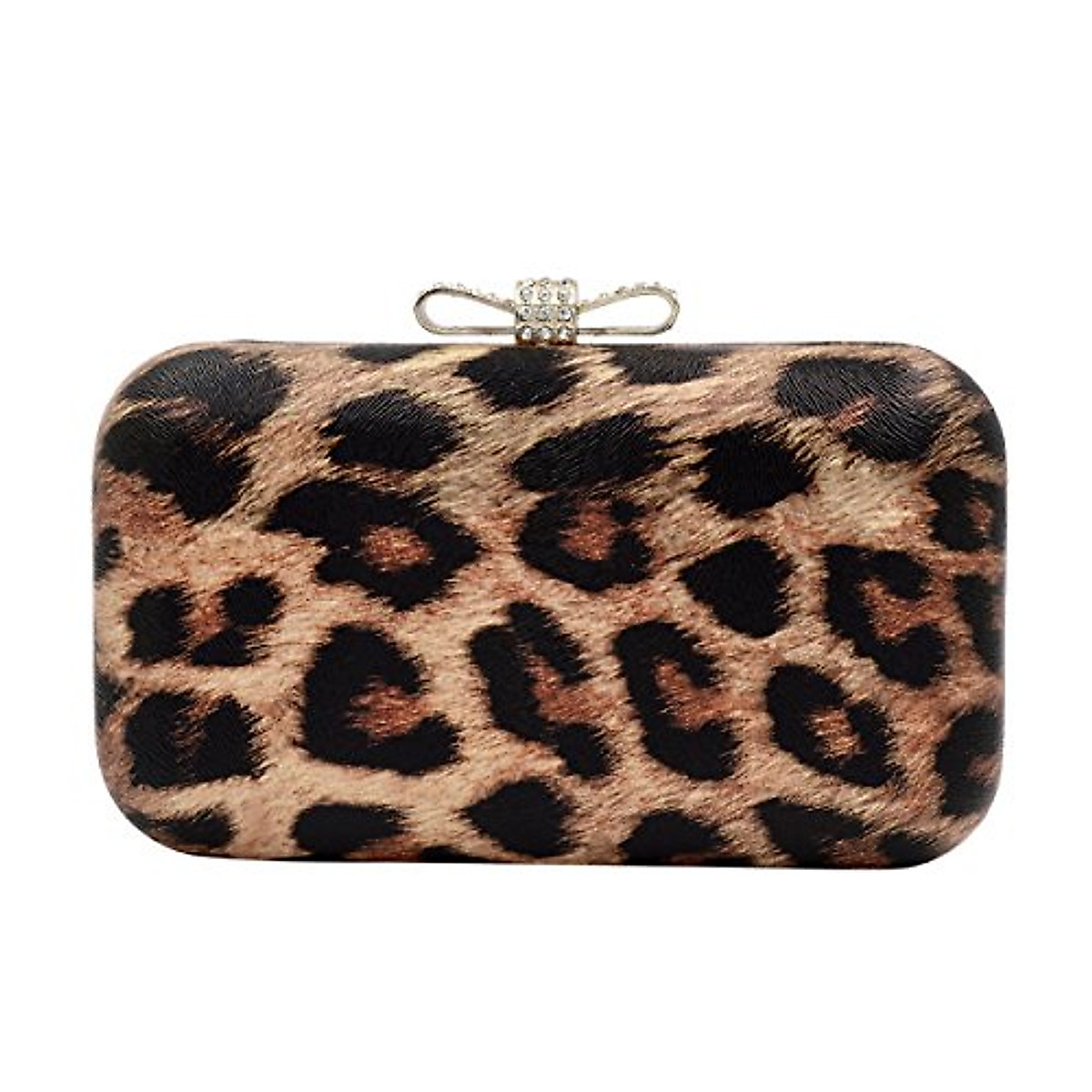 Elegant Leopard PU Leather Crystal Bow Top Hard Clutch, Brown