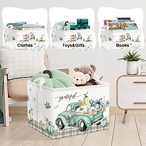 Clastyle Blue Pumpkin Gnome Thanksgiving Basket Harvest Buffalo Plaid Truck Maple Leaf Fall Gift Bin Farm Autumn Shelf Basket for Clothes Toy Book