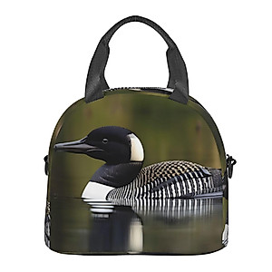 Lunch Bag,Tote Bag For Women & Men Adjustable Shoulder Strap,Leak Proof For Office Work,Picnic,Loon Nature Bird Print