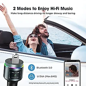 Upgraded Bluetooth FM Transmitter for Car, Auto-Tune Bluetooth Car Adapter, 2 Microphones & QC3.0 Bluetooth Radio for Car/ Music Player/ Car Kit with Big Knob Button, 9 Colors LED Backlit