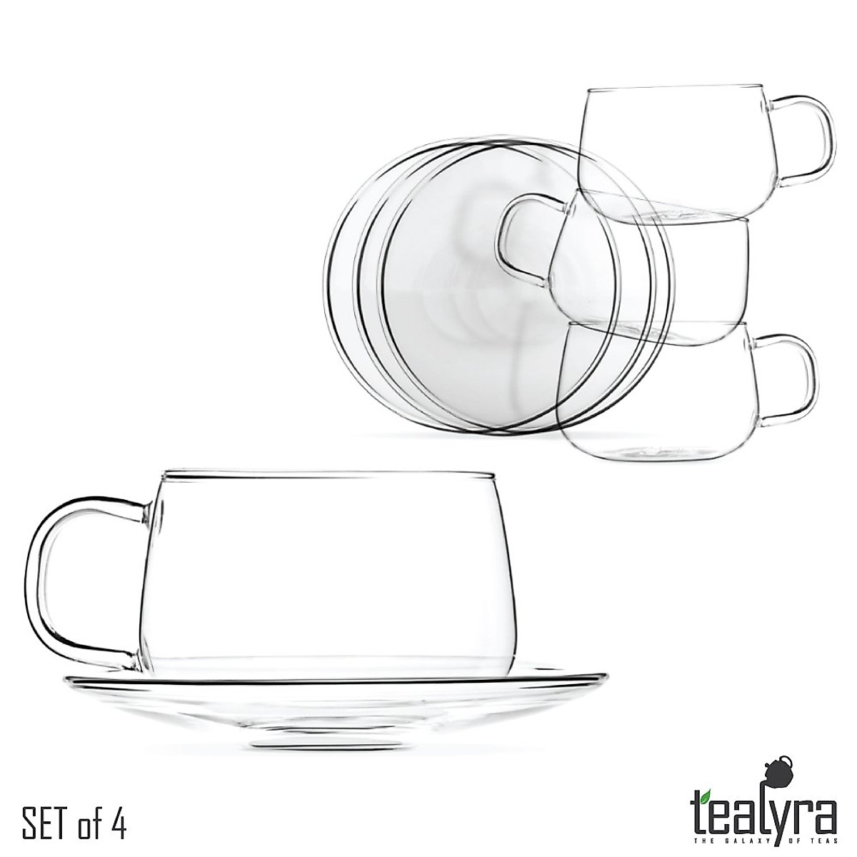 Tealyra - La Lune - Glasses - 10.1-ounce - Set of 4 - Clear and Lightweight Glass Tea and Coffee Cup with Saucer - 300ml