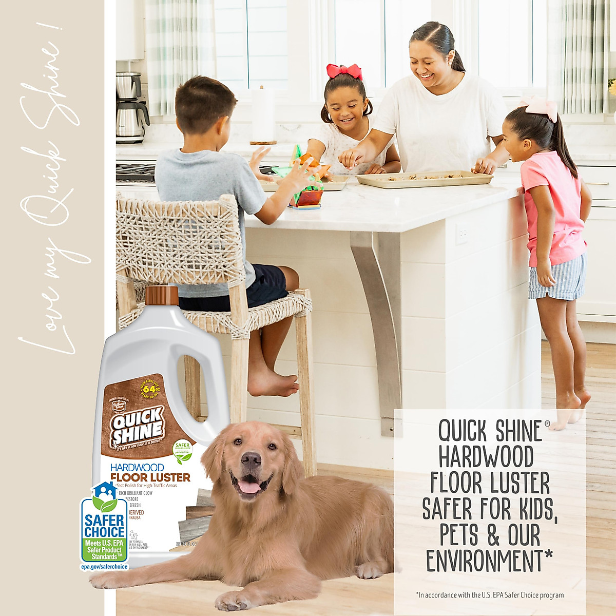 Quick Shine Hardwood Floor Luster 64oz | Plant-Based Cleaner & Polish w Carnauba | Simply Squirt & Spread | Don't Refinish It, Quick Shine It | Safer Choice Cleaner | Restore-Protect-Refresh
