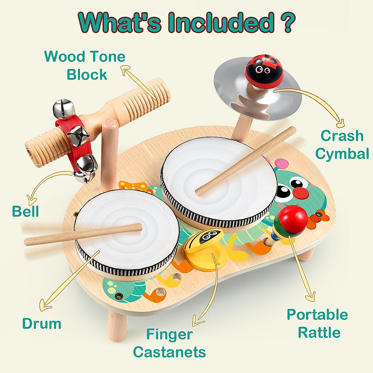 Kids Drum Set for Toddlers: Montessori Musical Instruments Set Toddler Toys - 7 in 1 Wooden Musical Kit Baby Sensory Educational Toys Christmas Birthday Gifts for Boys & Girls Age 2 3