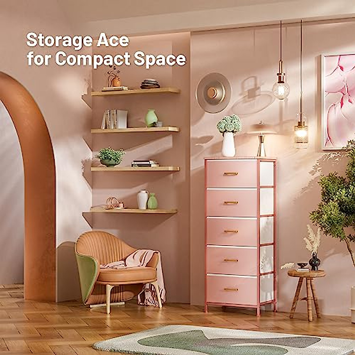 YILQQPER Dresser for Bedroom with 5 Drawers, Tall Storage Tower for Closet, Living Room, Nursery, Pink Dresser for Girl with Sturdy Steel Frame, Fabric Bins, Leather Finish, Wood Top, Pink