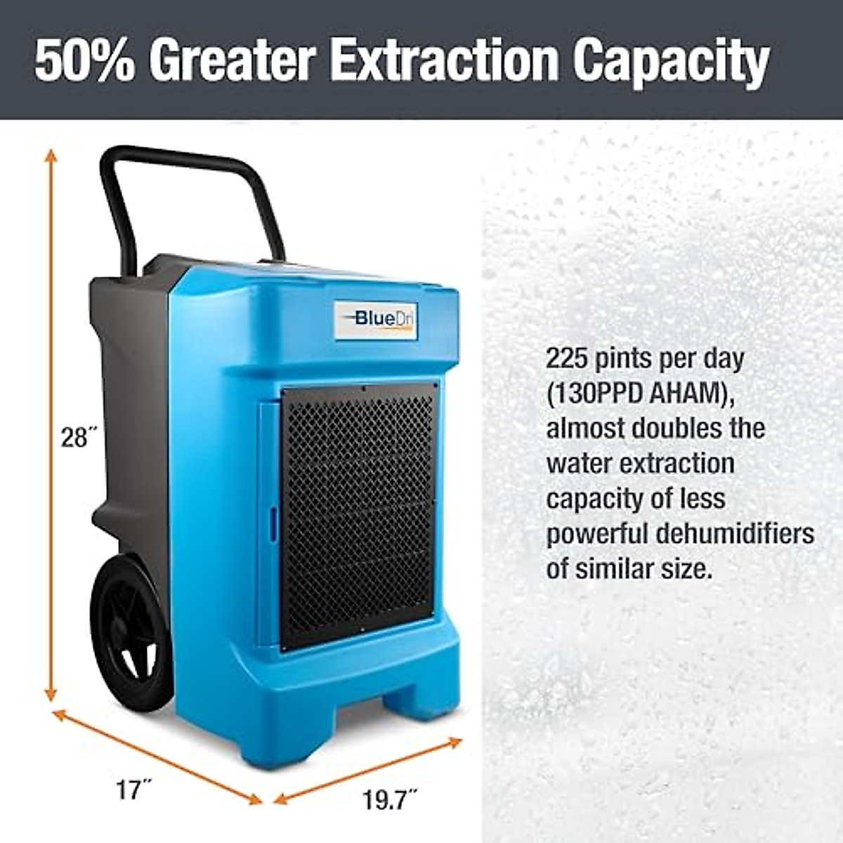 BlueDri BD-BD-130-BL Industrial Commercial Dehumidifier with Hose for Basements in Homes and Job Sites, Blue
