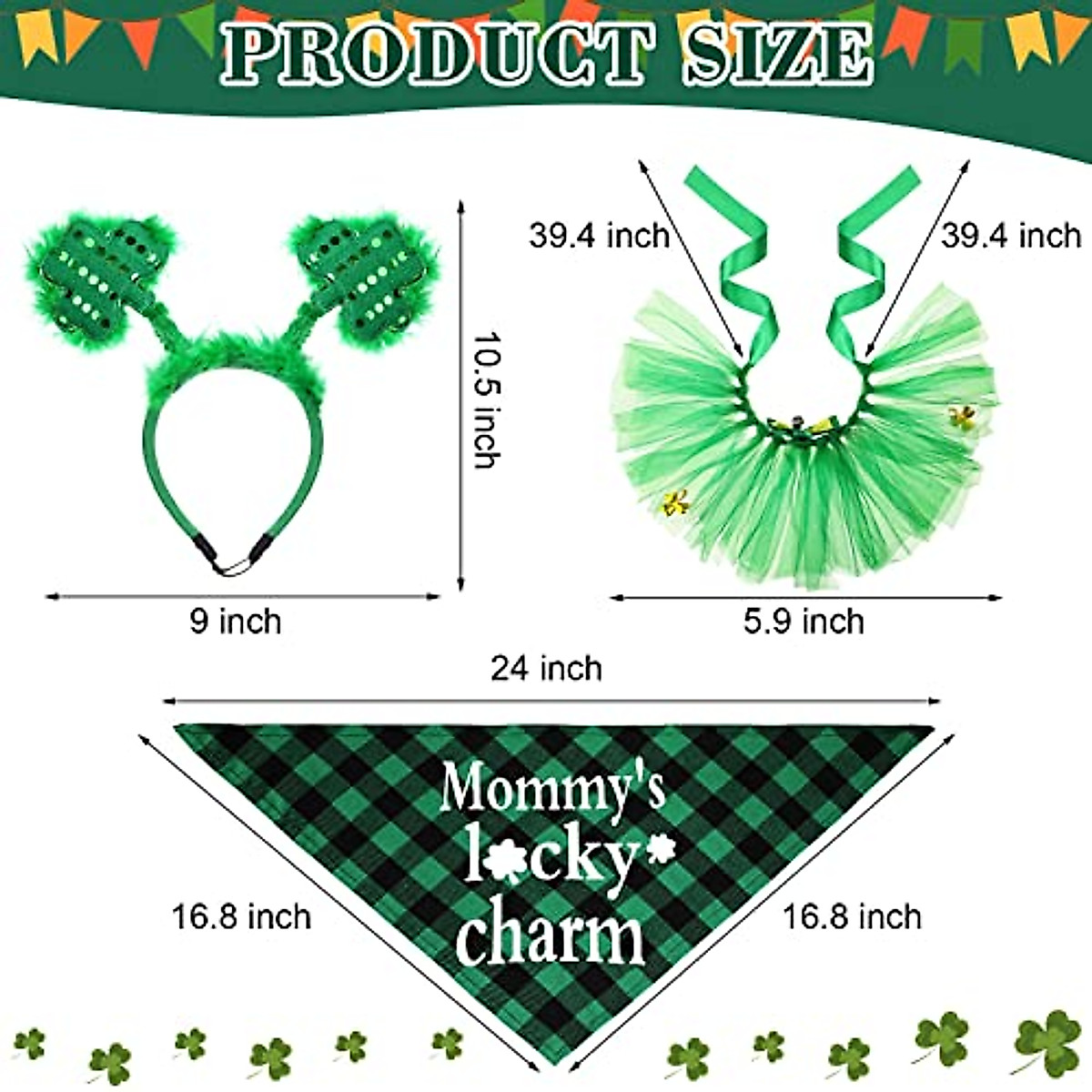 6 Pcs Dog St Patrick's Day Costume Pet Green Shamrock Headbands Dog Tutu Skirts and Buffalo Plaid Pet Bandanas Dog Dress Tutu Clover Headbands for St. Patrick's Day Pets Dogs Accessories Photo Props