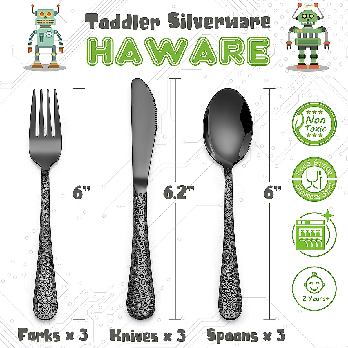 9-Piece Toddler Kids Silverware Set, HaWare Stainless Steel Hammered Flatware, Preschooler Eating Utensils Includes 3 Spoons 3 Forks 3 Knives, Metal Children Cutlery for Home School, Mirror Finished