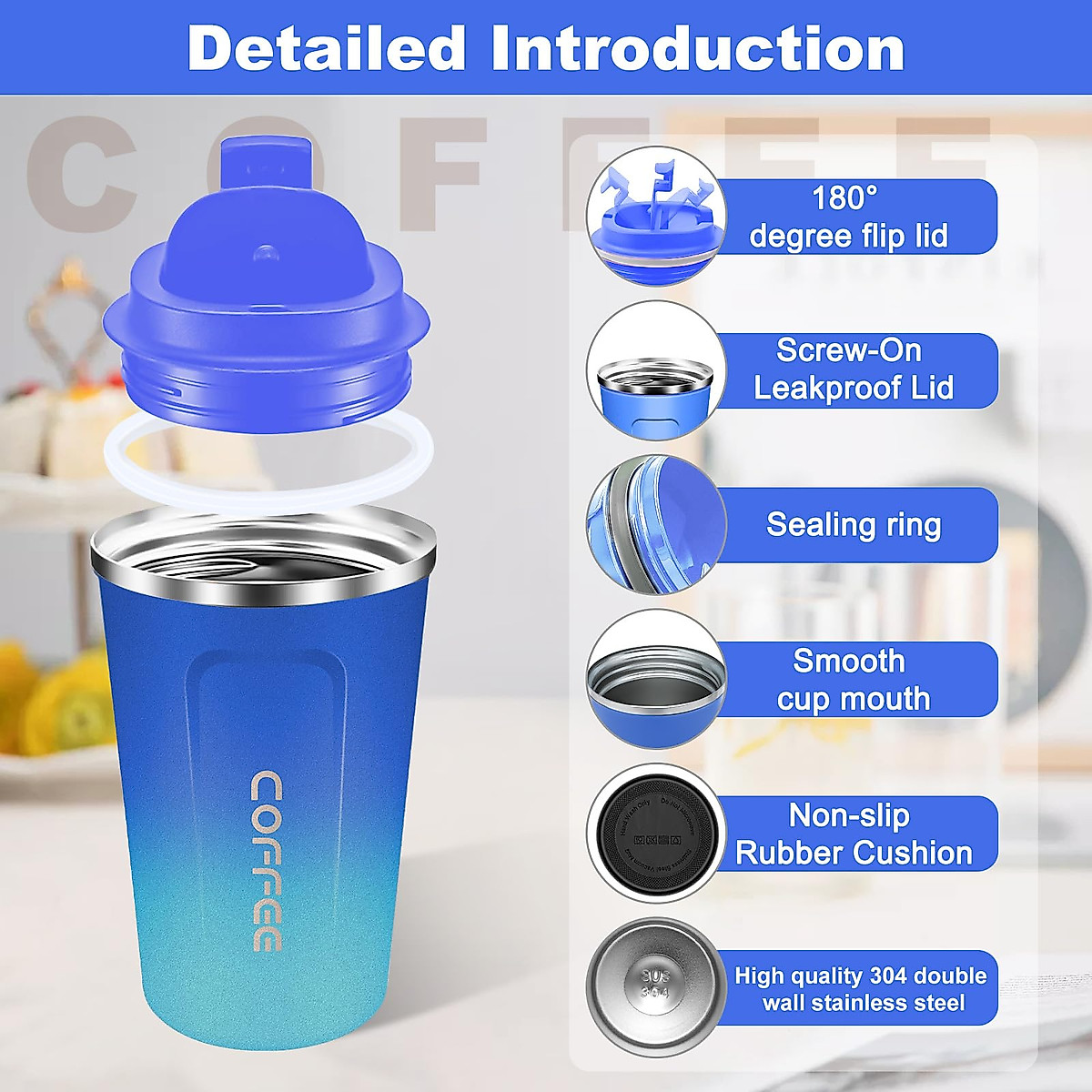 JTRYEMU Travel Mug 12 oz Insulated Coffee Cup with Lid, Reusable Leak Proof Tumbler, Stainless Steel Vacuum Gradient Colorful Thermos Cup, Thermal Keeps Cold and Hot for Coffee/Tea