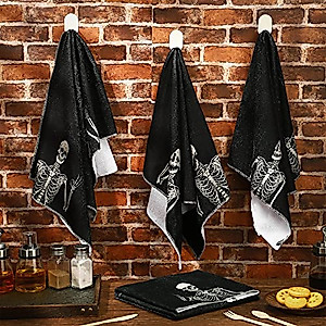 4 Pieces Halloween Kitchen Towels Gift Rock and Roll Skeleton Hippie Skull Dish Towels Ultra Absorbent Drying Cloth Tea Towels Bathroom Gift Halloween Seasonal Soft Coffee Tea Bar Hand Towels
