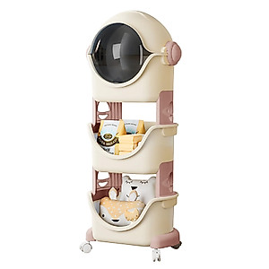UNICOO Kids Spaceman Toy Storage Organizer, 3-Tier Stackable Plastic Rolling Cart, Multi-Functional Children's Storage Rack Shelf with Wheels for Playroom, Bedroom, Classroom, Nursery (Pink & White)