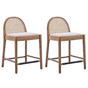 HEAH-YO Modern Counter Stools Set of 2, 26 Inches Counter Height Bar Stools with Rattan Backrests and Wood Frame, Comfy Kitchen Stools for Island, Beige