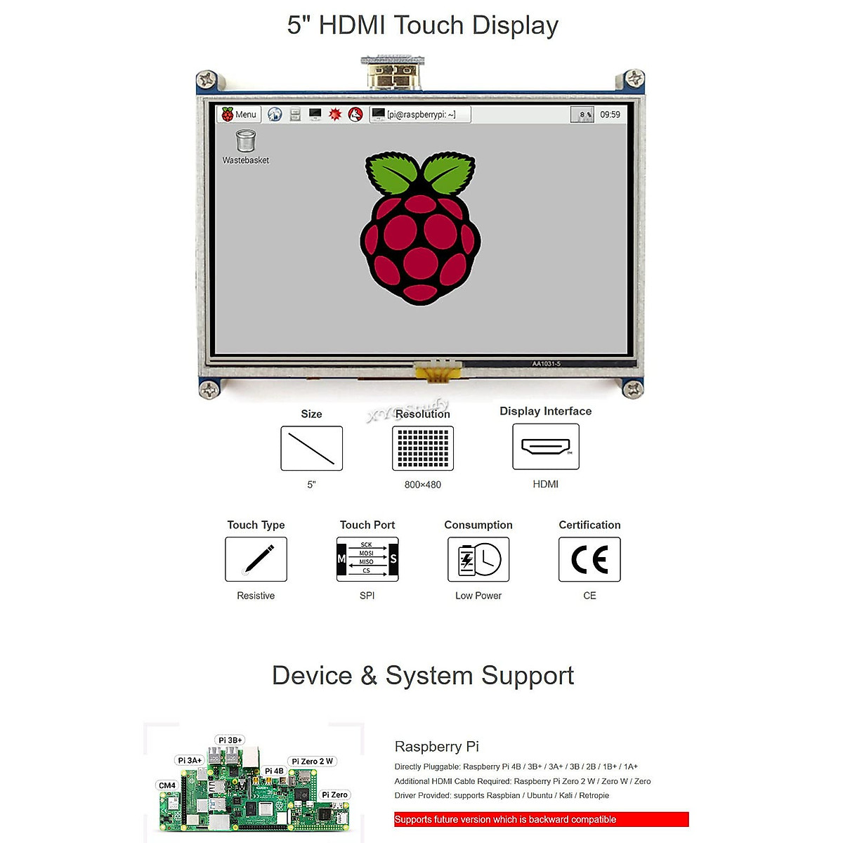 5 inch 800480 Resistive Touch Screen HDMI interface Raspbian LCD compatible with Raspberry Pi (Pi 2 3) Model B B+ A+ Video Photo Display System Module @XYGStudy