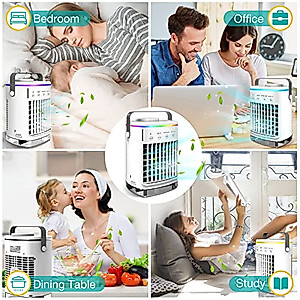 Portable Air Conditioner Fan 4 in1- Desktop Cooling fan with 4 Wind Speed & 2 Spray Modes, 7 Colors LED Light & 2-8H Timer, 700ml Large Watertank High-Efficiency Cooling Fan for Room Office Bedroom Couch Dining Table, Portable USB Power Bank Notebook Powe