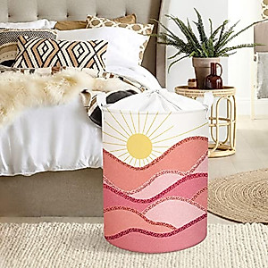 Clastyle 45L Boho Laundry Baskets for Clothes Collapsible Pink Sun Laundry Hamper with Drawstring Waterproof Beach Towel Storage Basket for Pool, 14.2 * 17.7 in