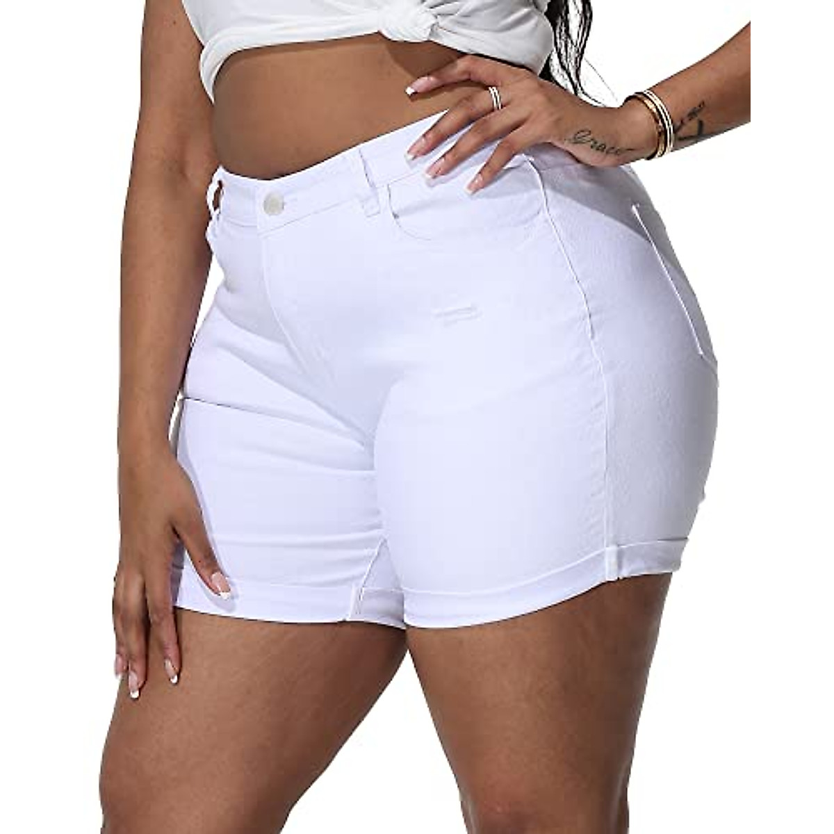 Gboomo Womens Plus Size White Jean Shorts Casual Denim Shorts High Waisted Fold Hem Short Jeans with Pockets 18W